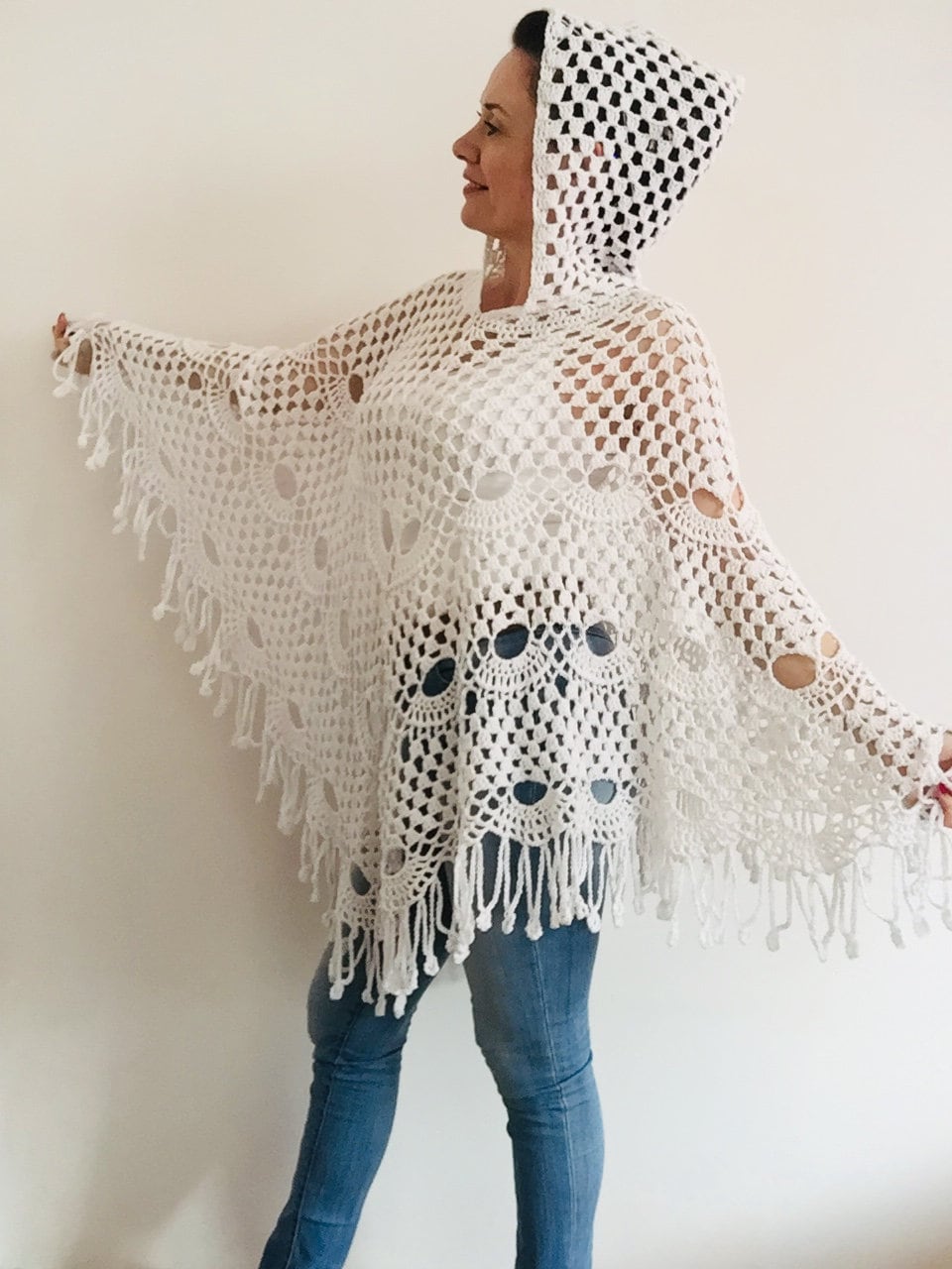 Ivory wool poncho women with hood Plus size poncho fringe | Etsy