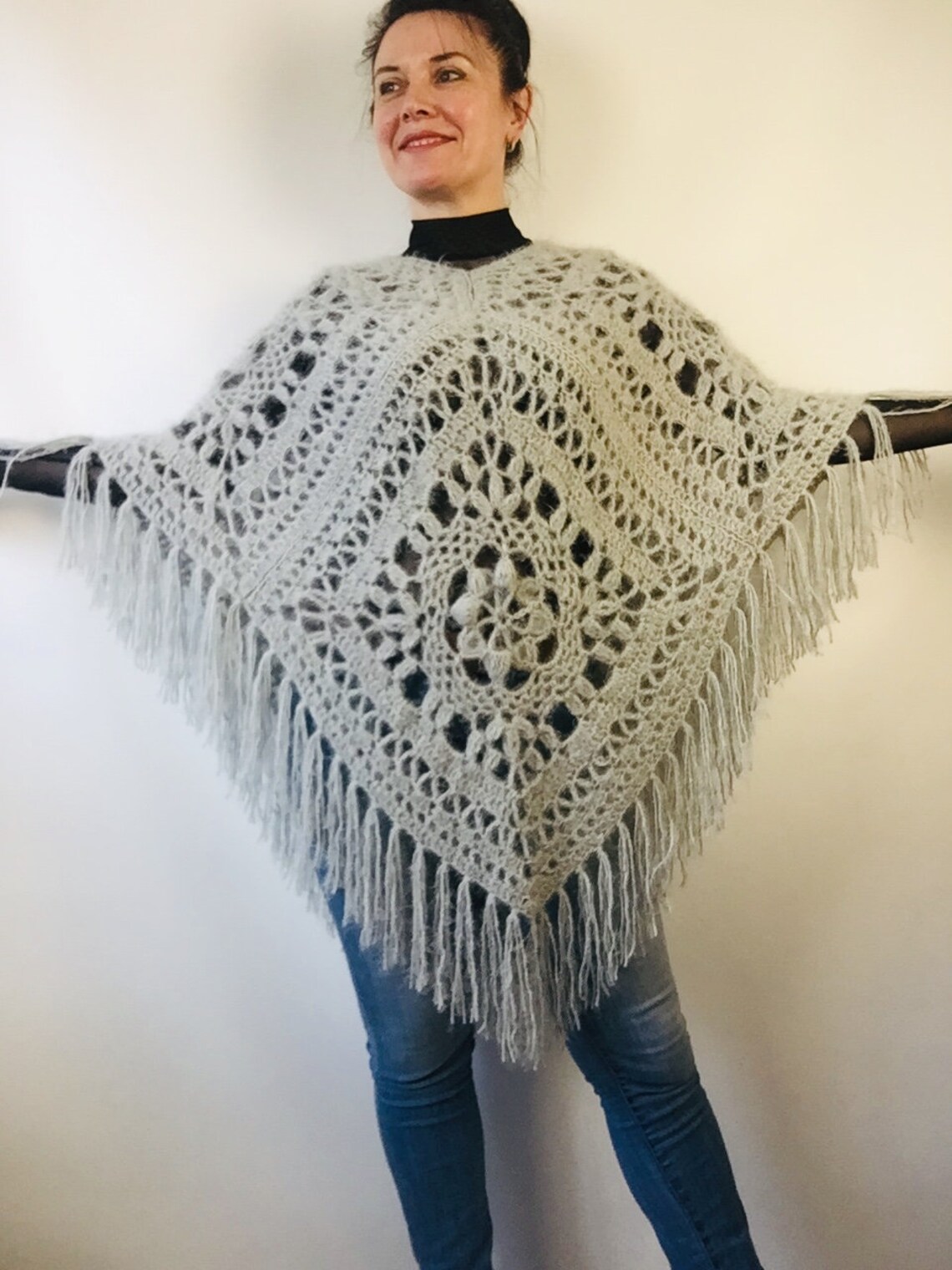 Gray Granny Square Soft Poncho Fringe, Oversized Boho Blanket Poncho ...