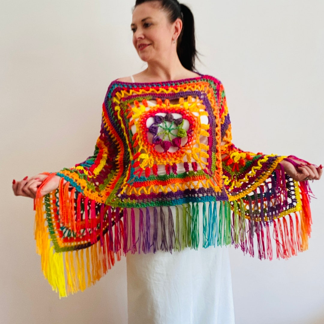 Rainbow Poncho Women Fringe Festival Hippy Poncho Plus Size 70s Summer ...