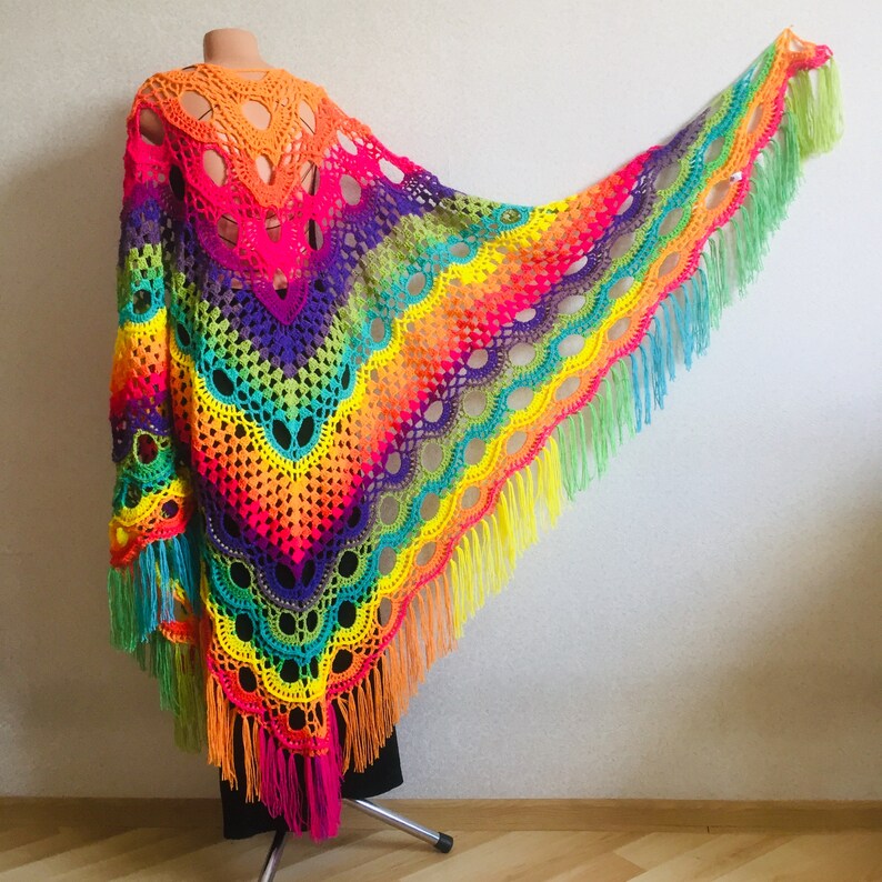 Neon Crochet Poncho Women Rainbow Triangle Shawl Wraps - Etsy