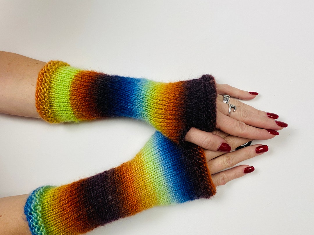 Rainbow Fingerless Gloves Winter Wool Mittens Arm Warmers Multicolor ...