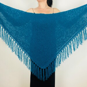 Petrol Mohair Bridal Shawl, Wool Triangle Shawl Fringe, Winter Crochet Wedding Shawl, Knit ...