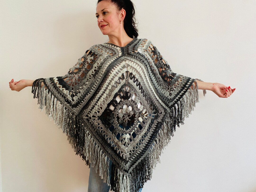 Black Poncho Fringe Women, Wool Shoulder Wrap Fall Winter Obsidian ...