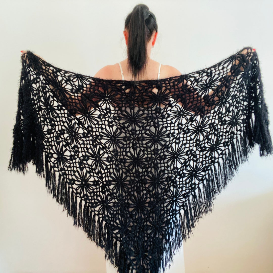 Black Wedding Fringe Shawl, Fuzzy Lace Triangle Evening Wrap, Bridal ...