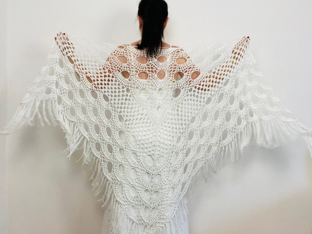 White Wedding Shawl Wrap, Cotton Triangle Shawl Fringe, Bridal ...