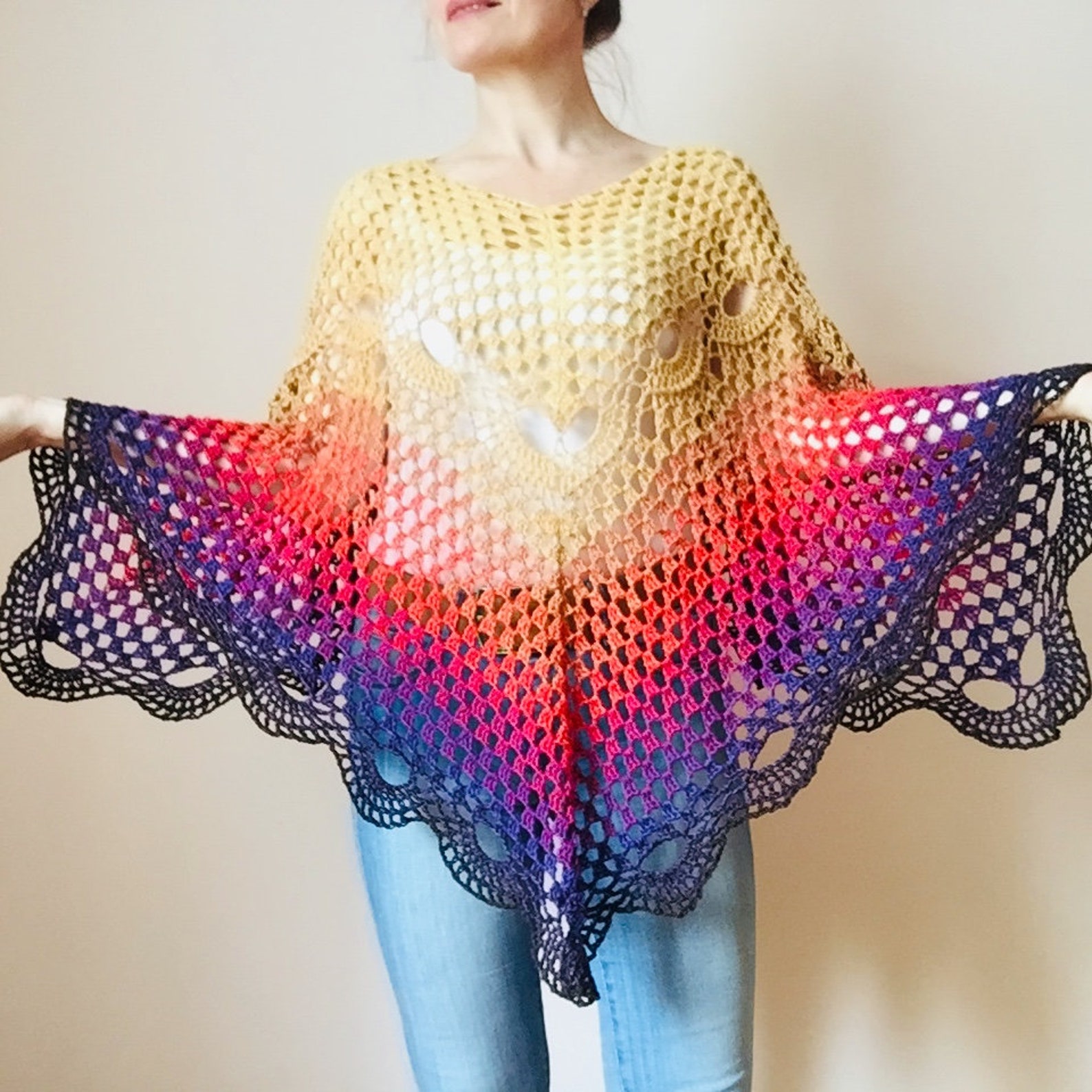 Poncho Women Cotton Shawl Fringed 50 Colors Boho Triangle - Etsy