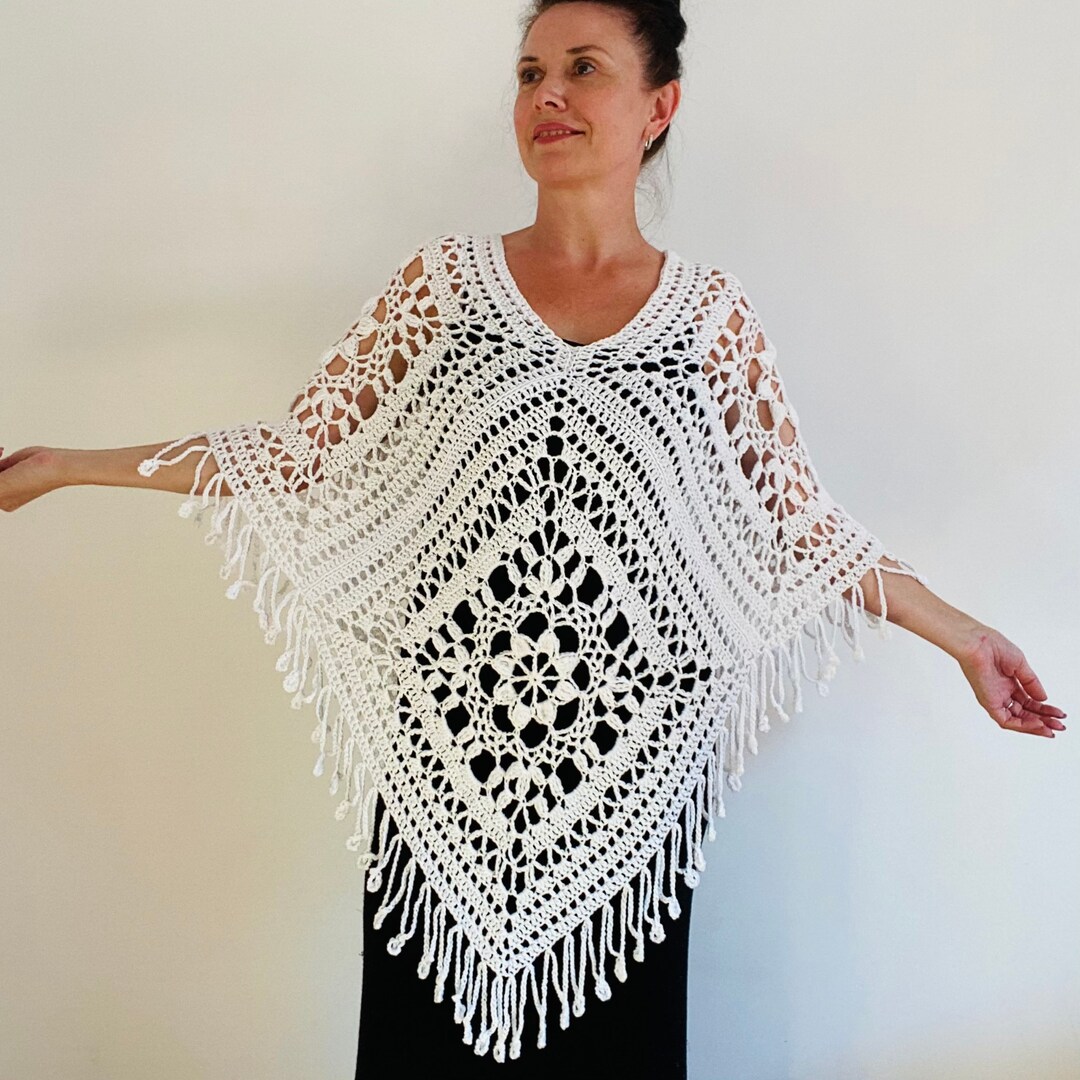 From USA White Poncho Women Fringe, Boho Cotton Summer Poncho, Alpaca ...
