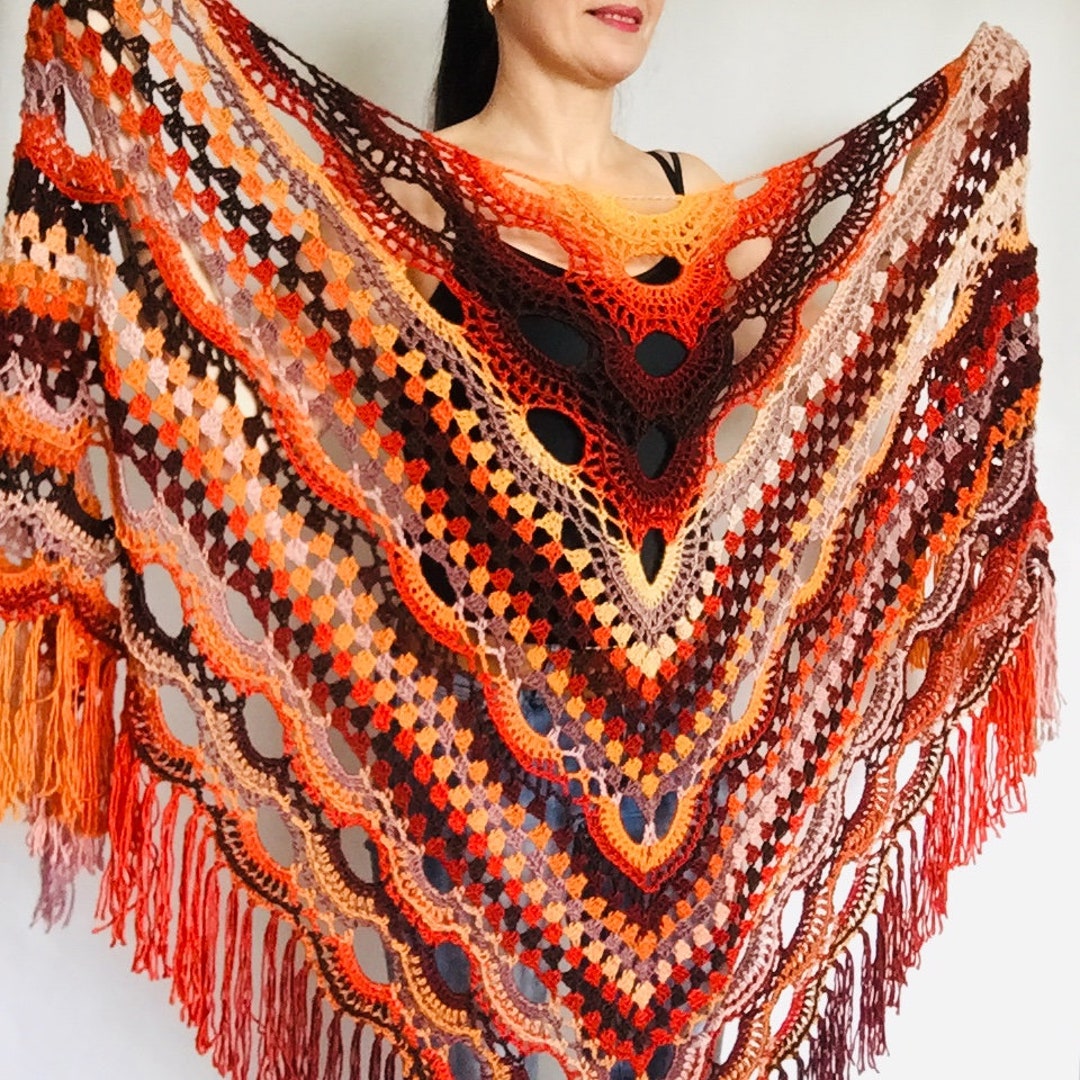 Burnt Orange Wool Triangle Shawl Fringe: Bridal Wedding Shoulder Wrap ...