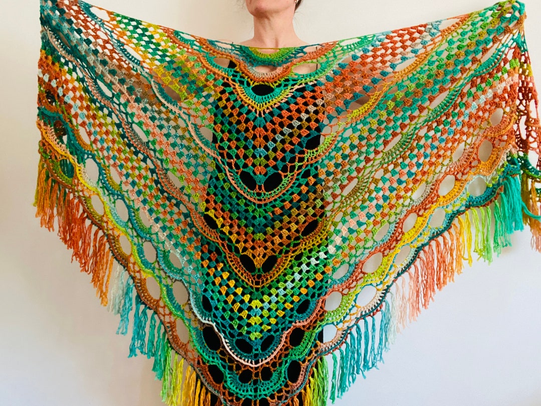 Green Orange Ombre Crochet Shawl, Wool Shawl Women, Triangle Shawl ...