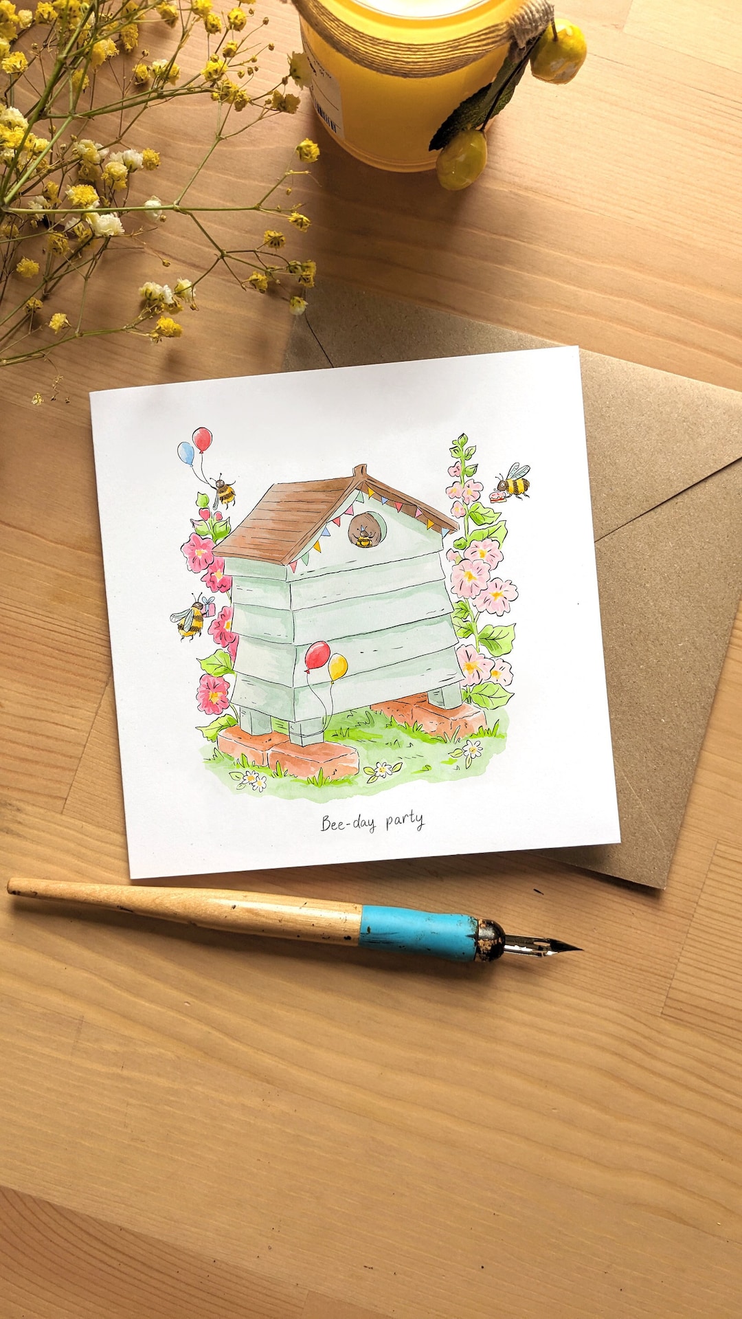 Bee-day Party Birthday Card Illustrated Bees Greeting Card Cute Bees ...