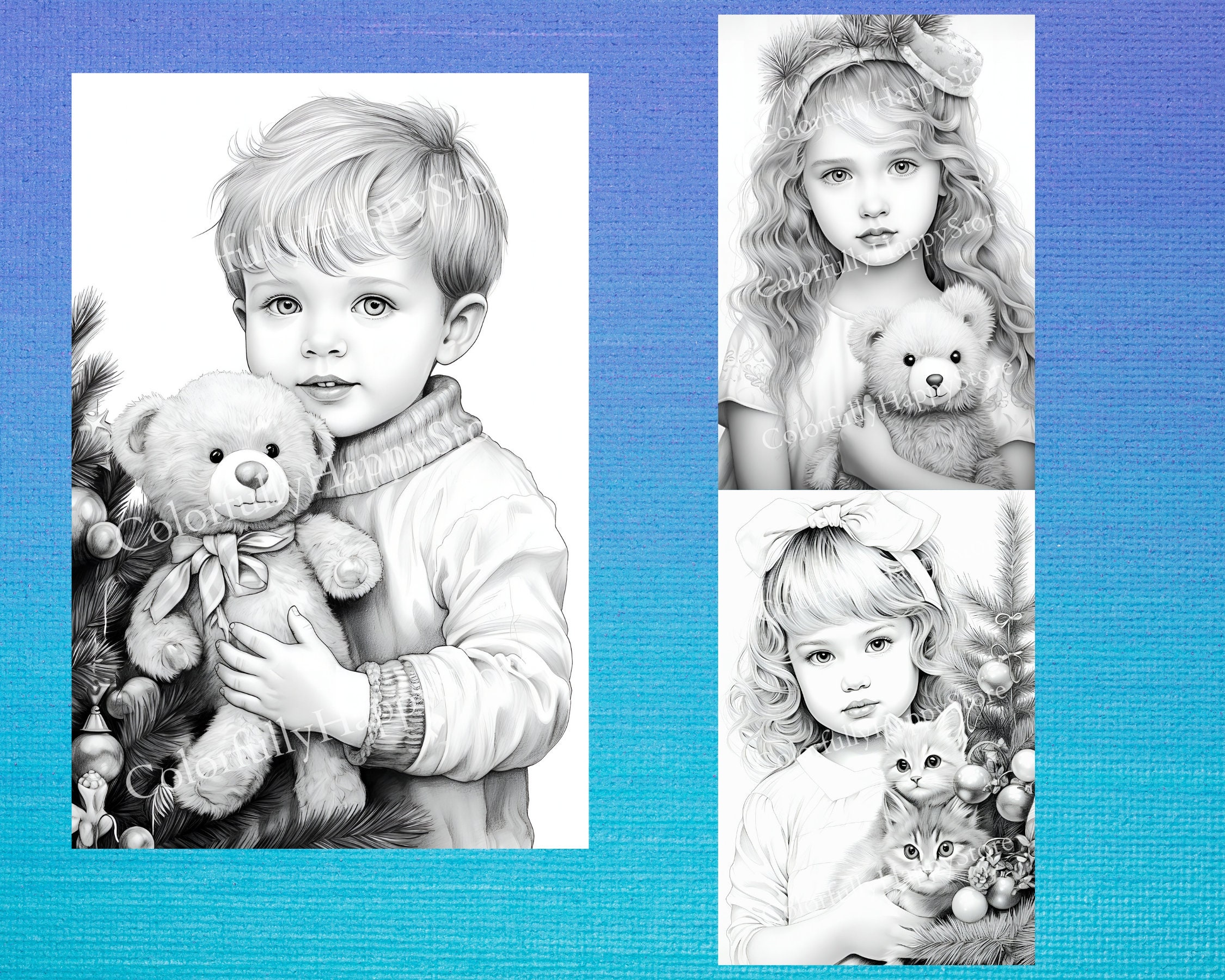 30 Coloring Pages Little Kids and Fur Babies, Adult Grayscale Life Like ...