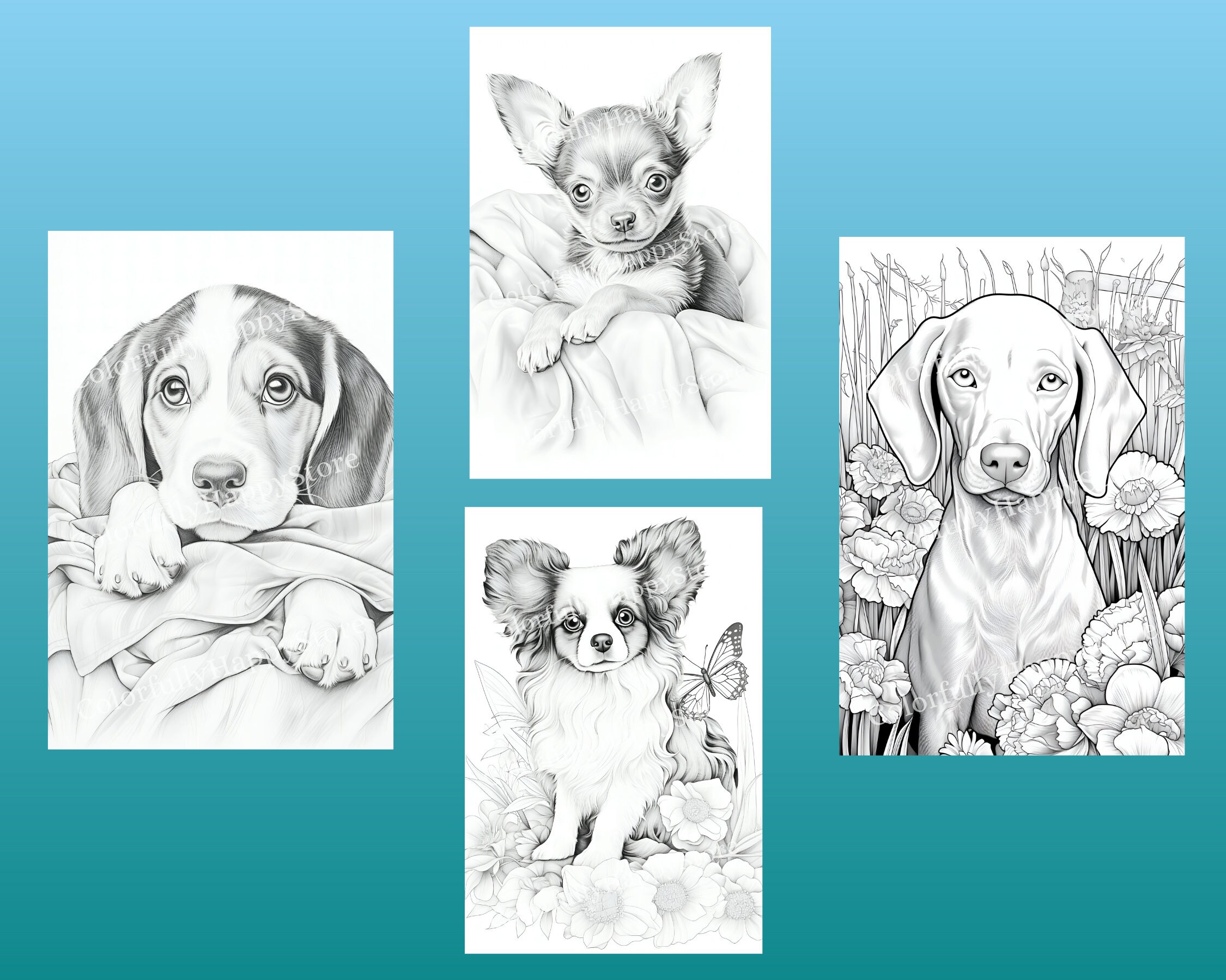 Puppies Coloring Pages: Realistic Dogs, Grayscale Art (PDF Download) - Etsy
