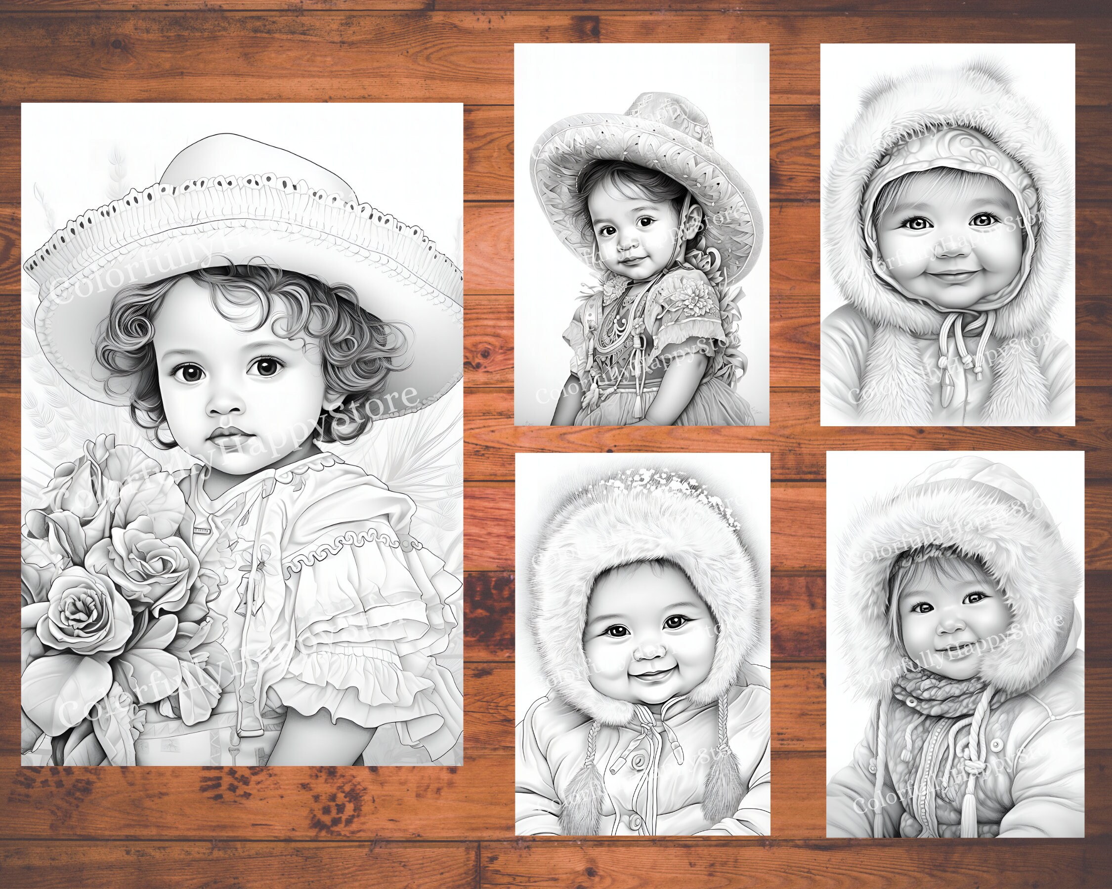 Blissful Babies Coloring Pages: Grayscale Portrait Art (PDF Download ...