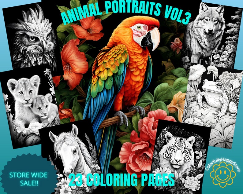 Animal Portraits Coloring Pages: Grayscale Wildlife Line Art (PDF ...