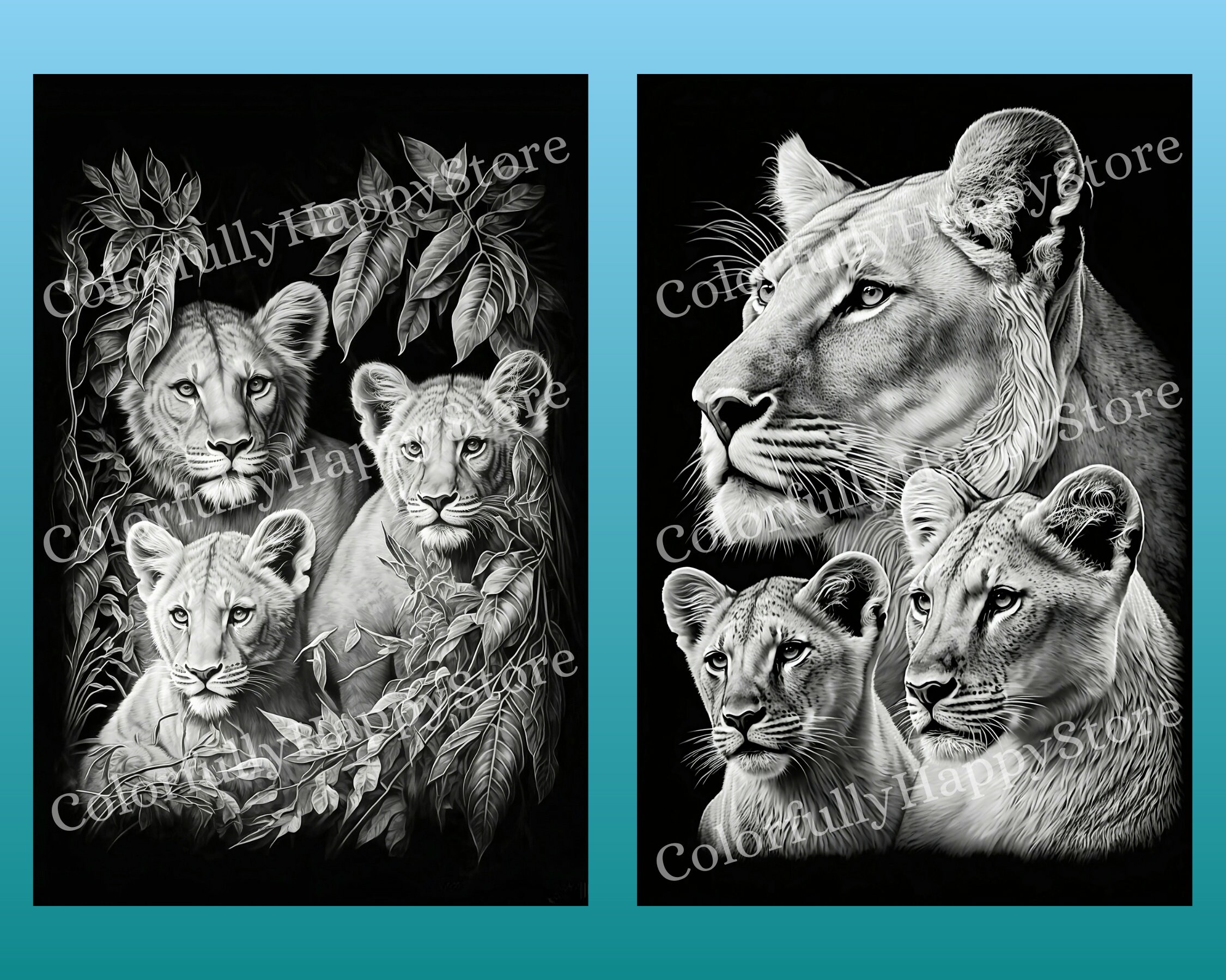 Bigcats Grayscale Coloring Pages Black Background Adult - Etsy