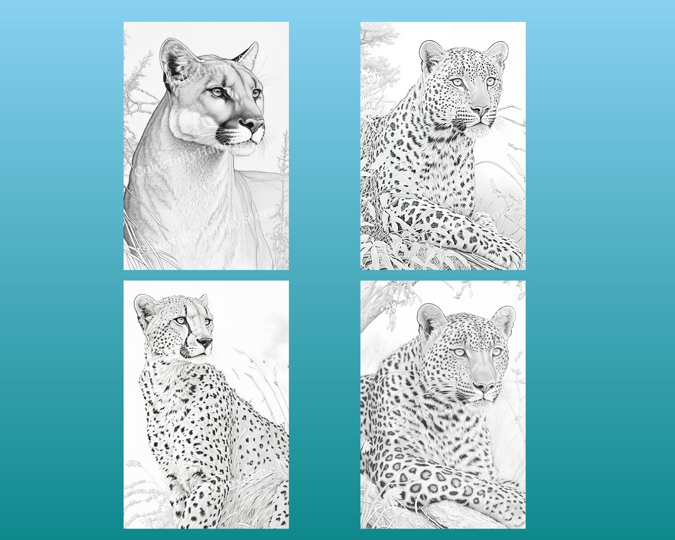 Wildlife Realistic Coloring Pages of Wild Cats, Grayscale Coloring Book ...