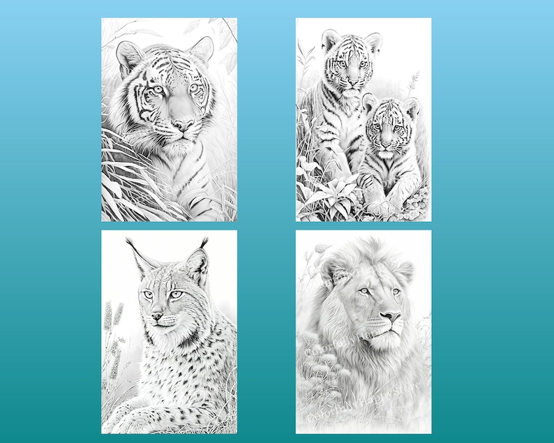Wildlife Realistic Coloring Pages of Wild Cats, Grayscale Coloring Book ...