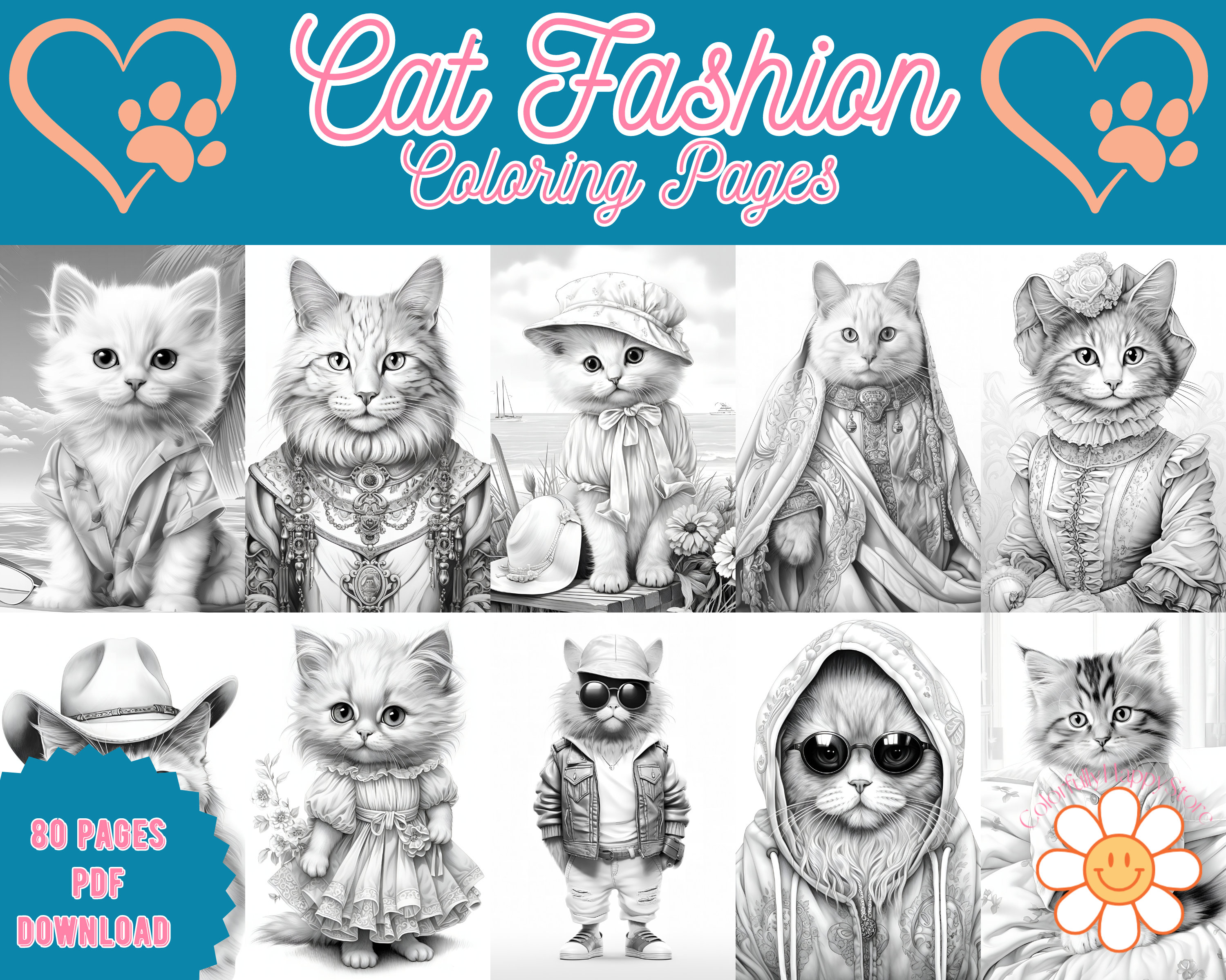80 Coloring Pages Adult Grayscale Coloring Book cat Fashion Realistic ...