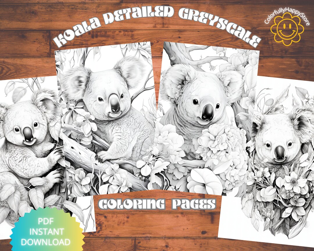 Koala Coloring Pages: Realistic Wildlife Grayscale (PDF Download) - Etsy