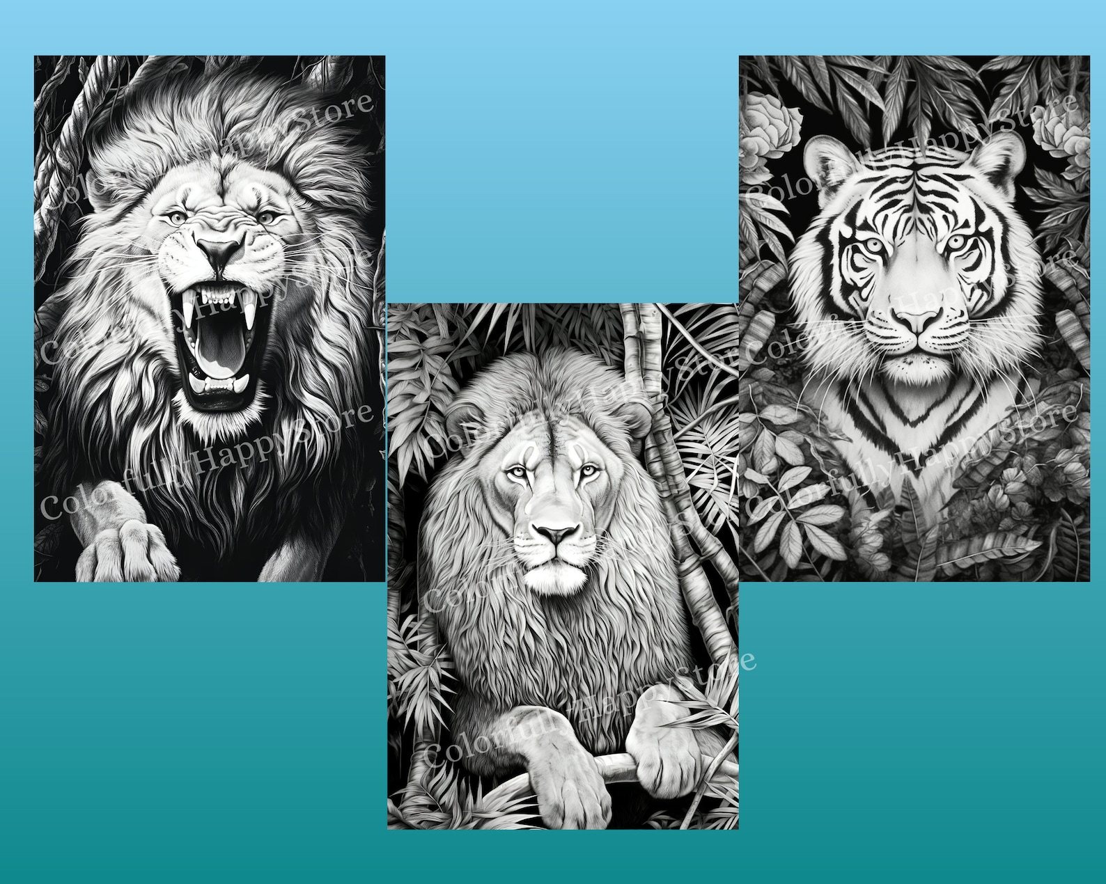 Big Cats Grayscale Coloring Pages Black Background Adult - Etsy