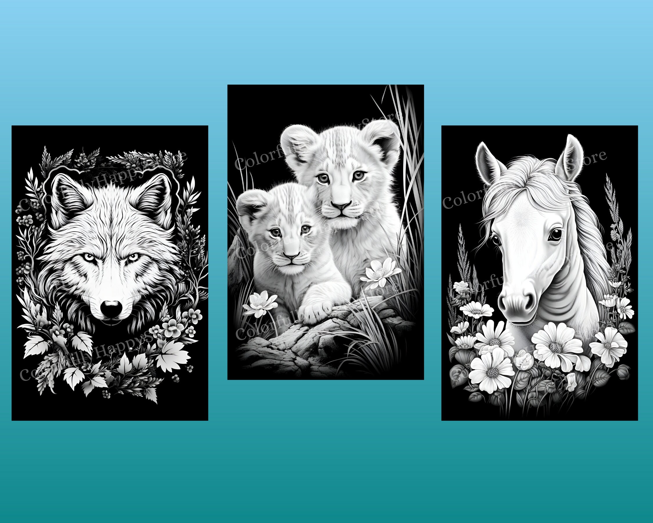 Animal Portraits Coloring Pages: Grayscale Wildlife Line Art (PDF ...
