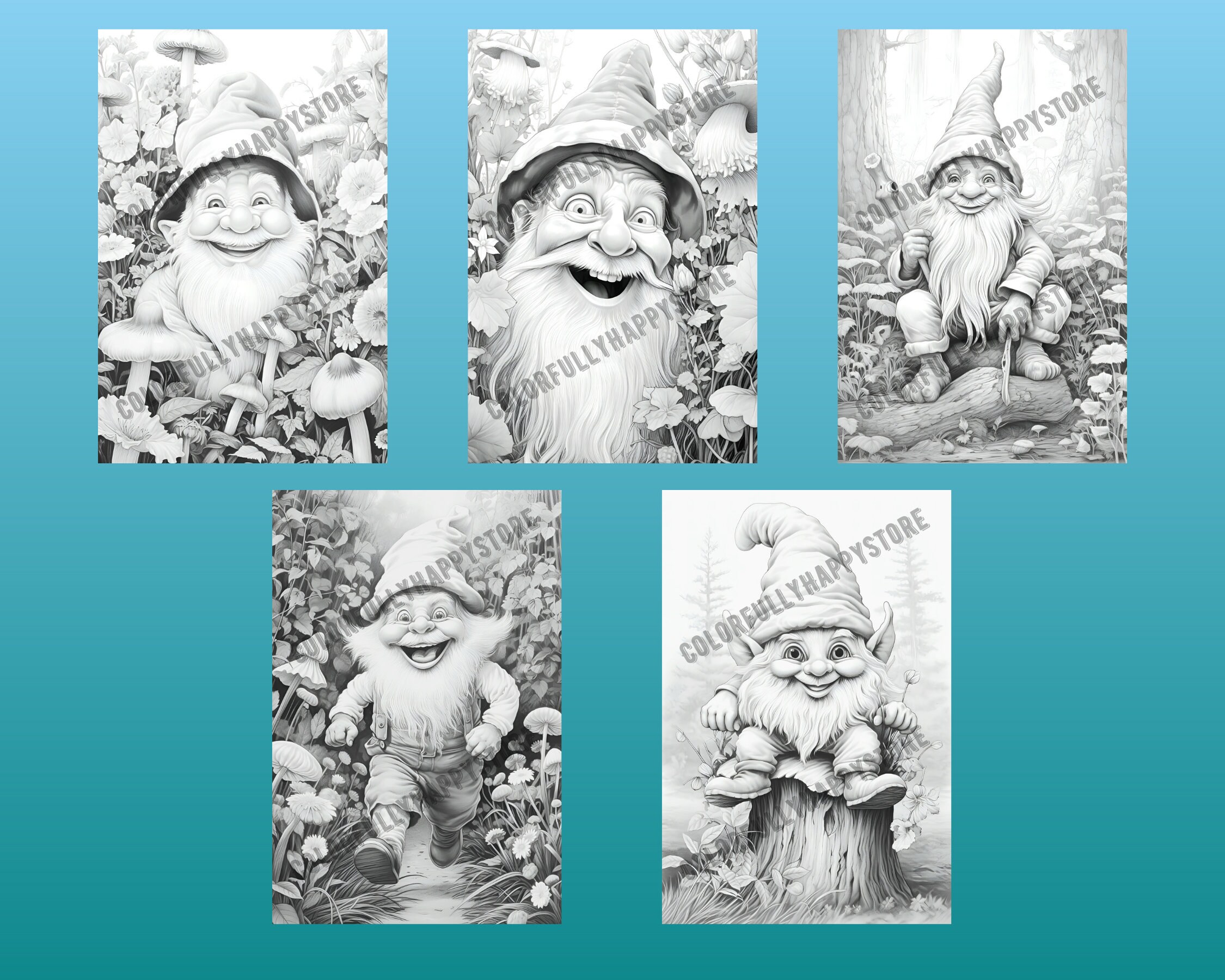 Coloring Pages, Happy Gnome Portraits, Grayscale Coloring Book, Fantasy ...
