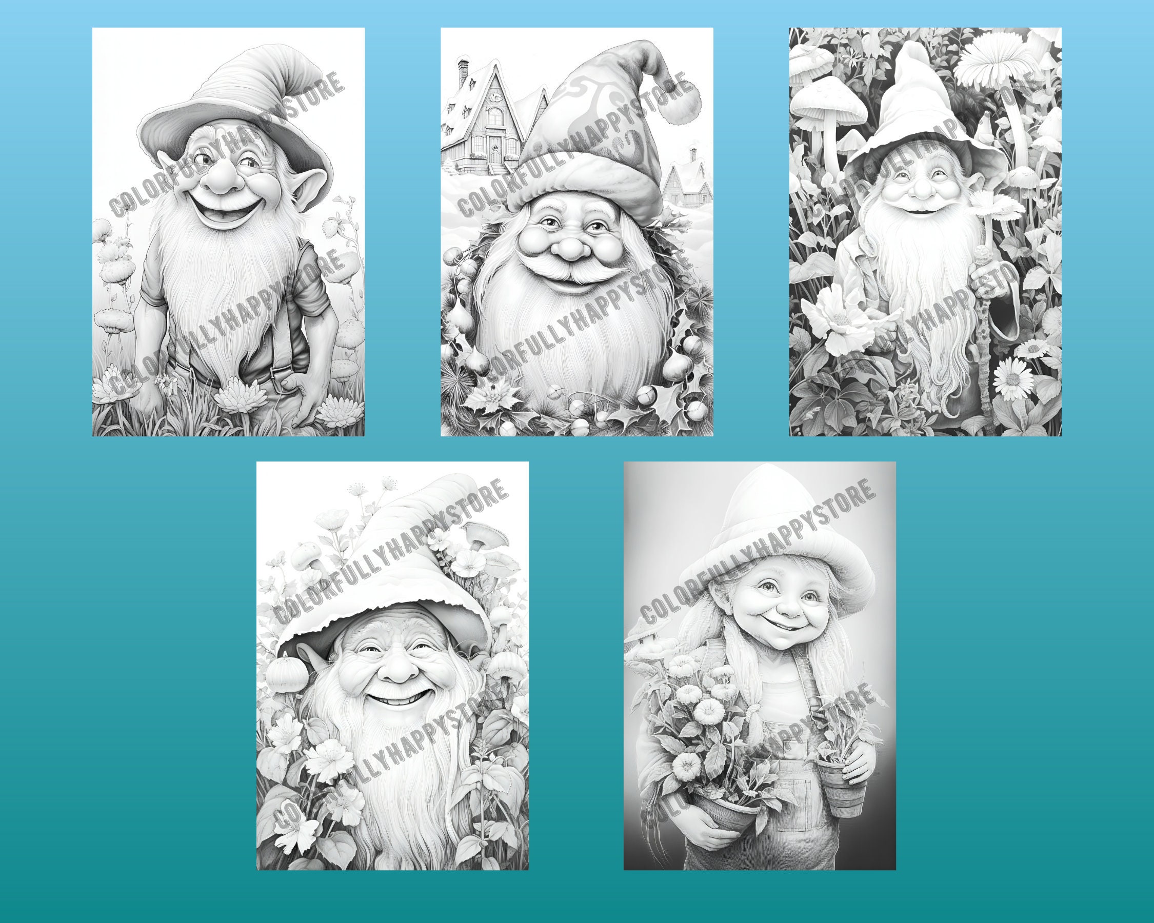 Coloring Pages, Happy Gnome Portraits, Grayscale Coloring Book, Fantasy ...