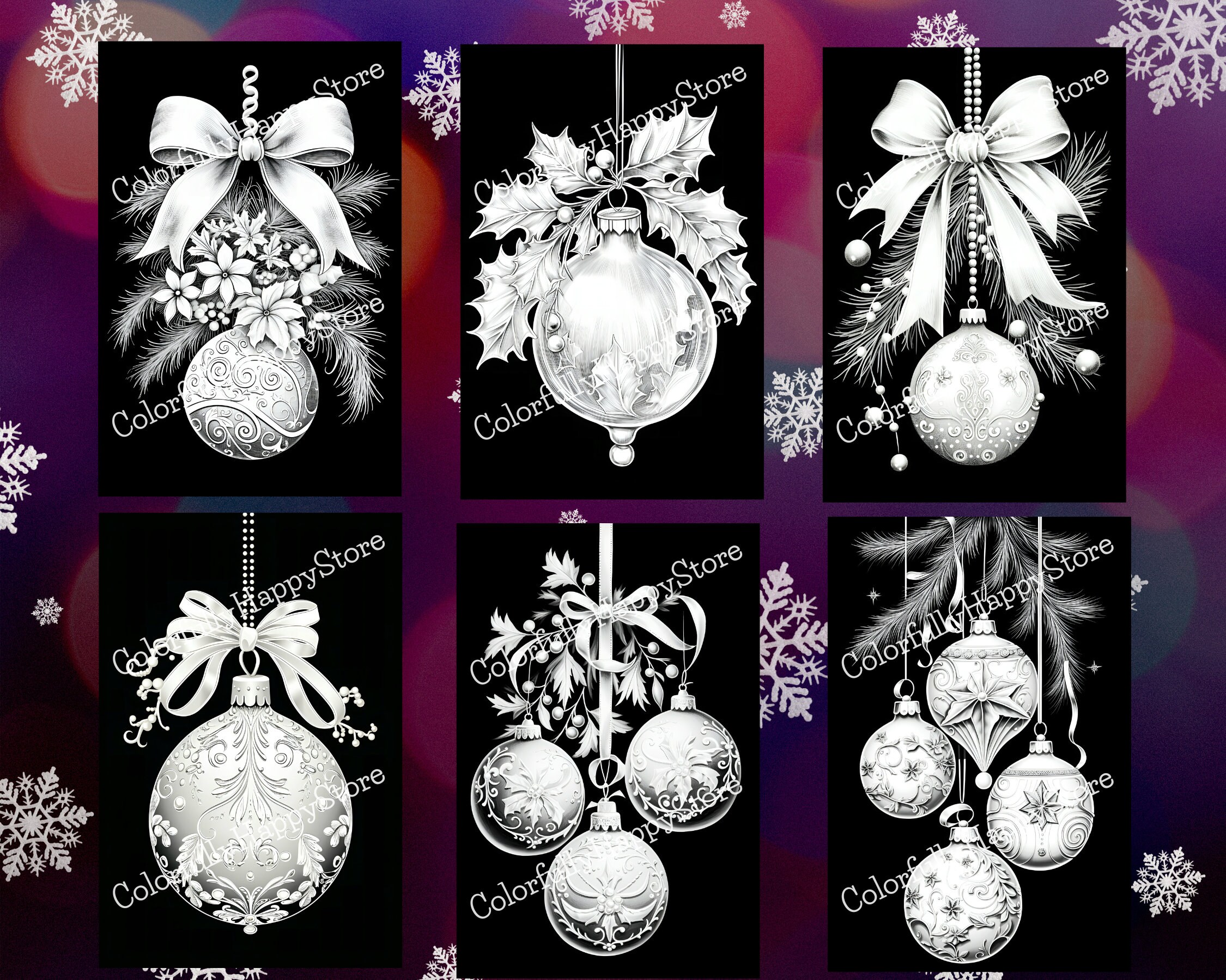48 Grayscale Coloring Pages, Colorfully Happy Christmas Ornaments Black ...