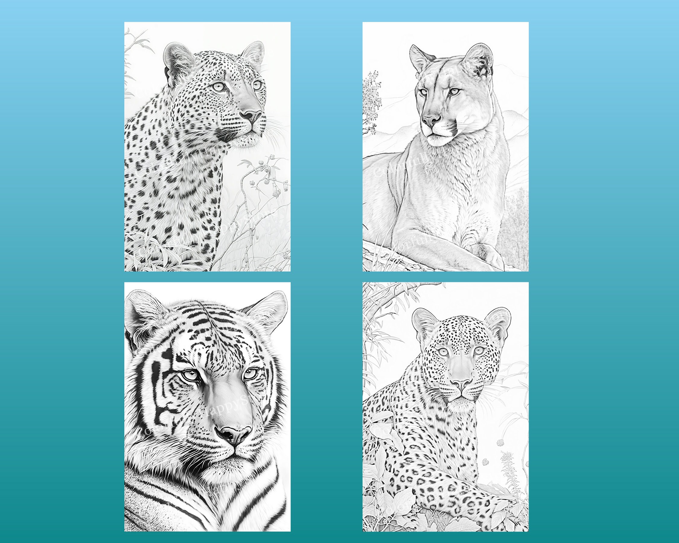 Wildlife Realistic Coloring Pages of Wild Cats, Grayscale Coloring Book ...