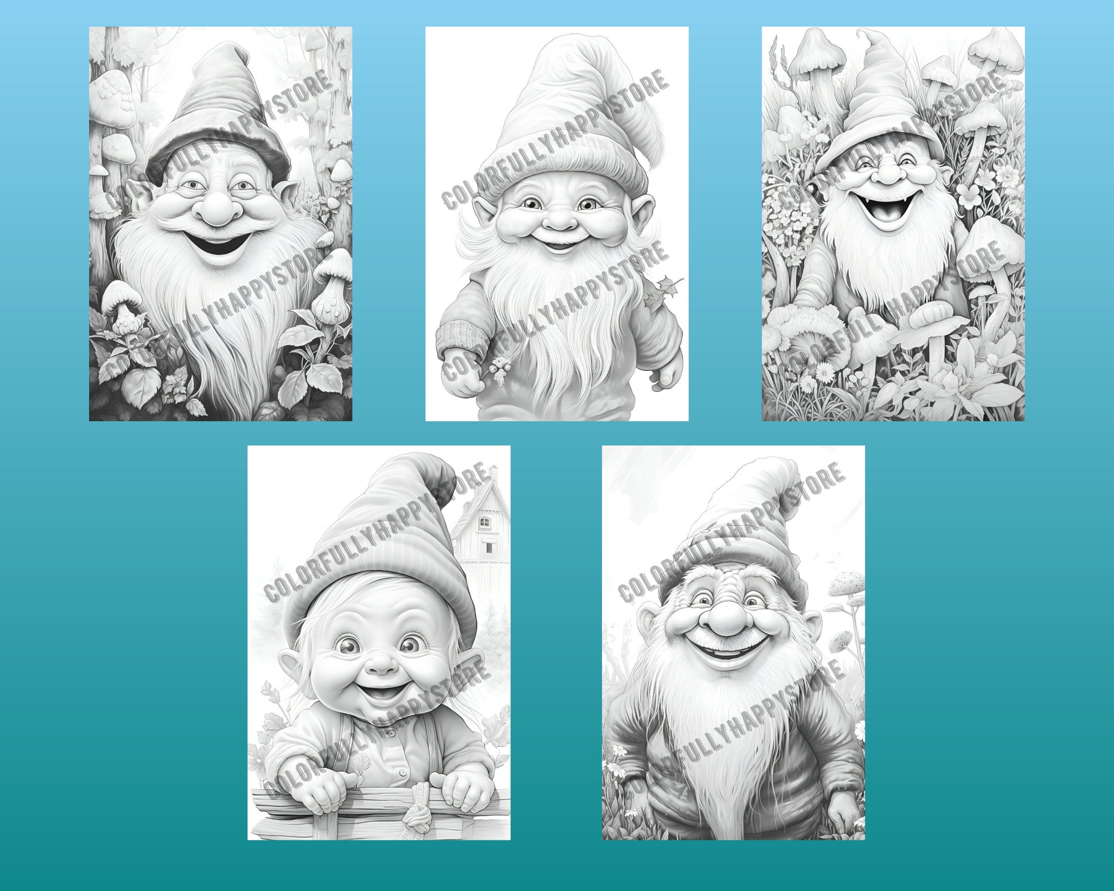 Coloring Pages Happy Gnome Portraits Grayscale Coloring - Etsy