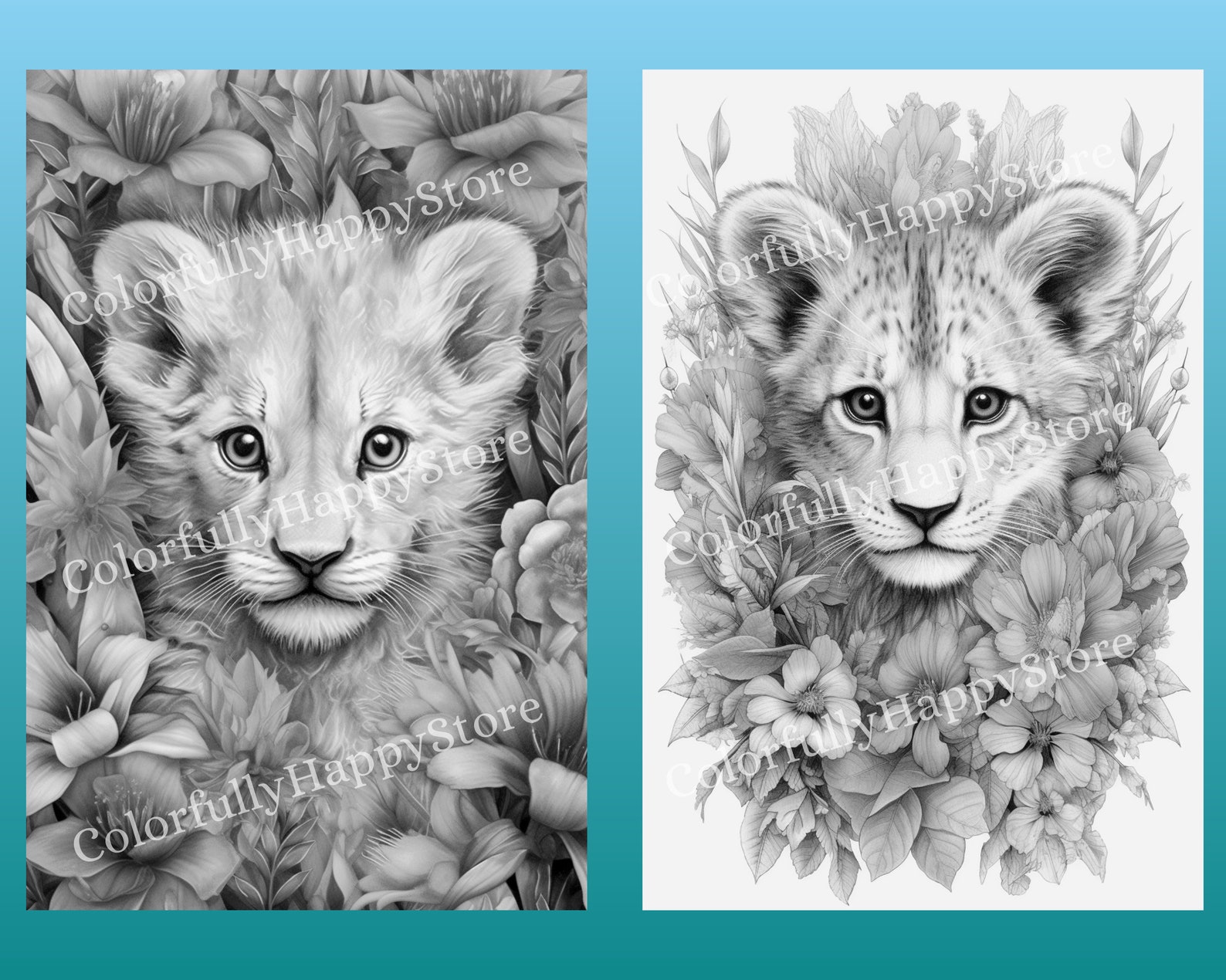 Lion & Tiger Cubs Grayscale Coloring Pages: Realistic Wildlife (digital ...