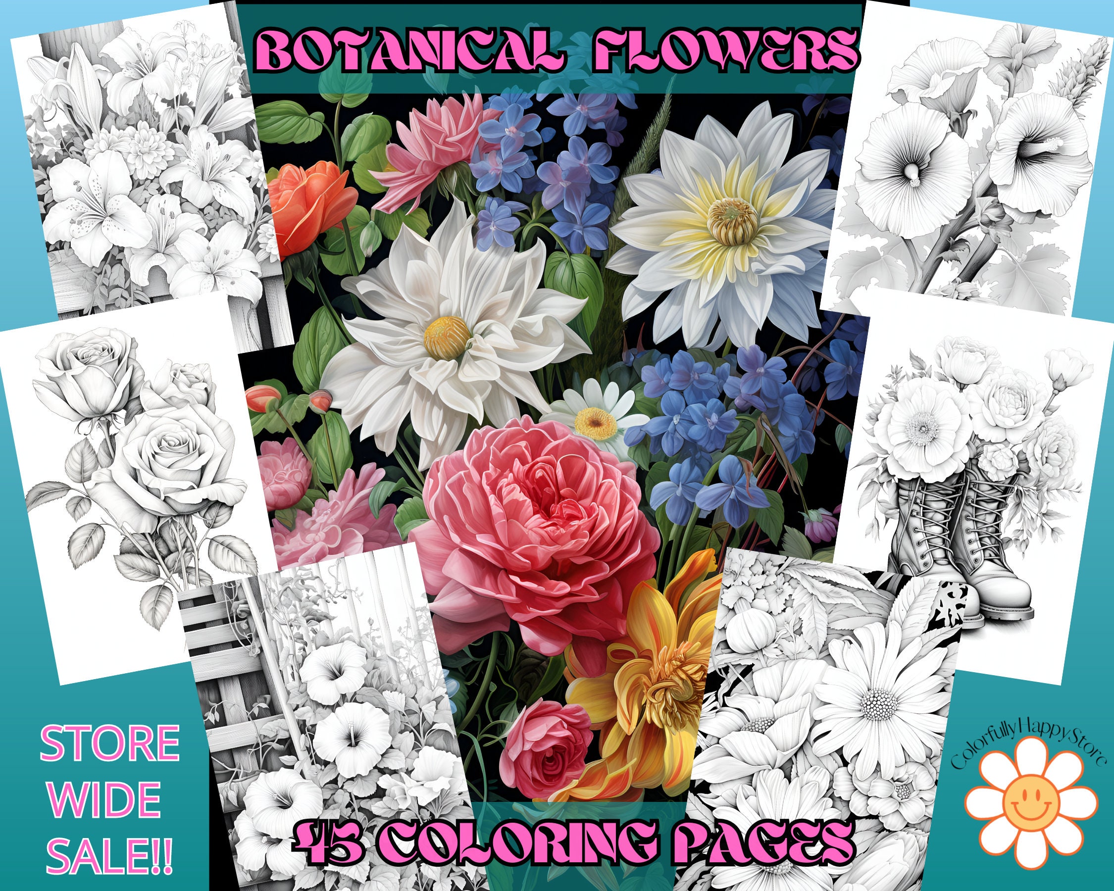 Botanical Coloring Pages, Flowers Grayscale Coloring Book Adult ...