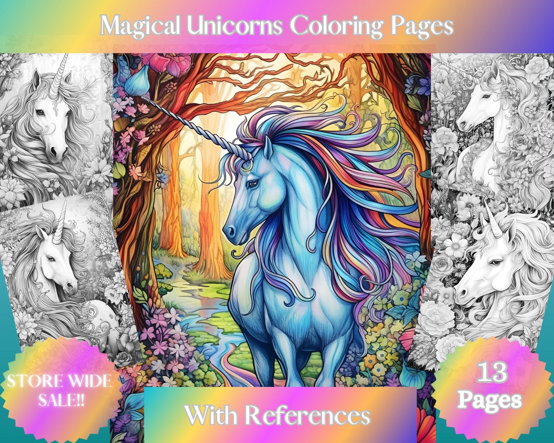 Magical Unicorns Coloring Pages Adult Fantasy Land Coloring Grayscale ...