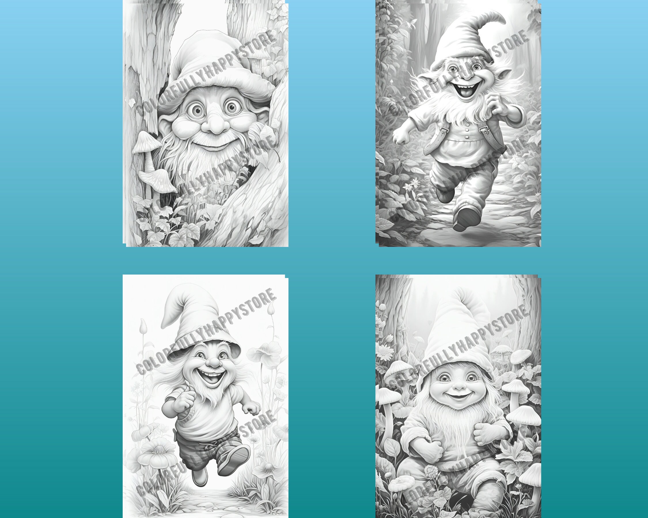 Coloring Pages, Happy Gnome Portraits, Grayscale Coloring Book, Fantasy ...