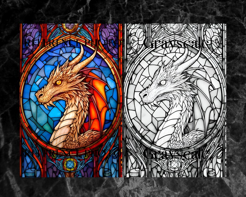 Dragons Stained Glass Coloring Adult Coloring Pages Fantasy - Etsy
