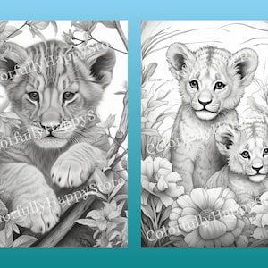 Lion & Tiger Cubs Grayscale Coloring Pages: Realistic Wildlife (digital ...