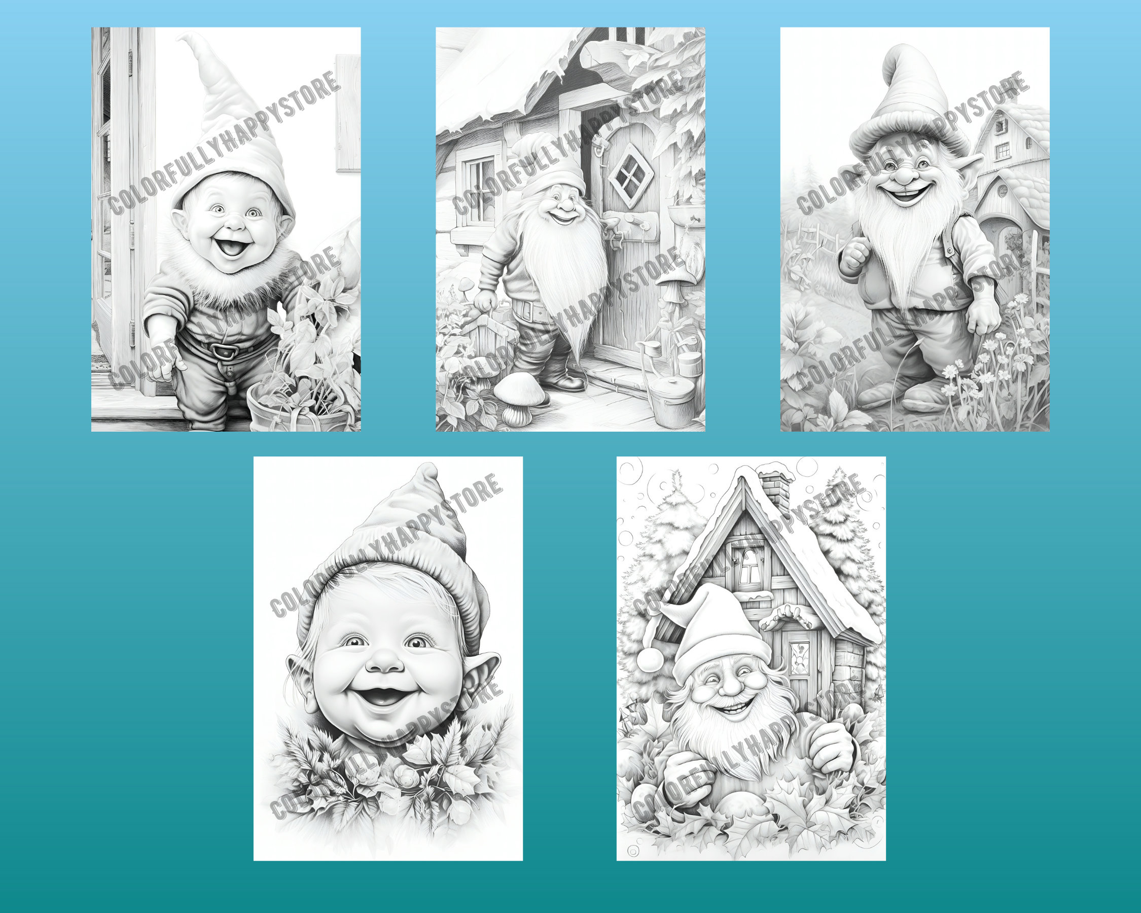 Coloring Pages, Happy Gnome Portraits, Grayscale Coloring Book, Fantasy ...