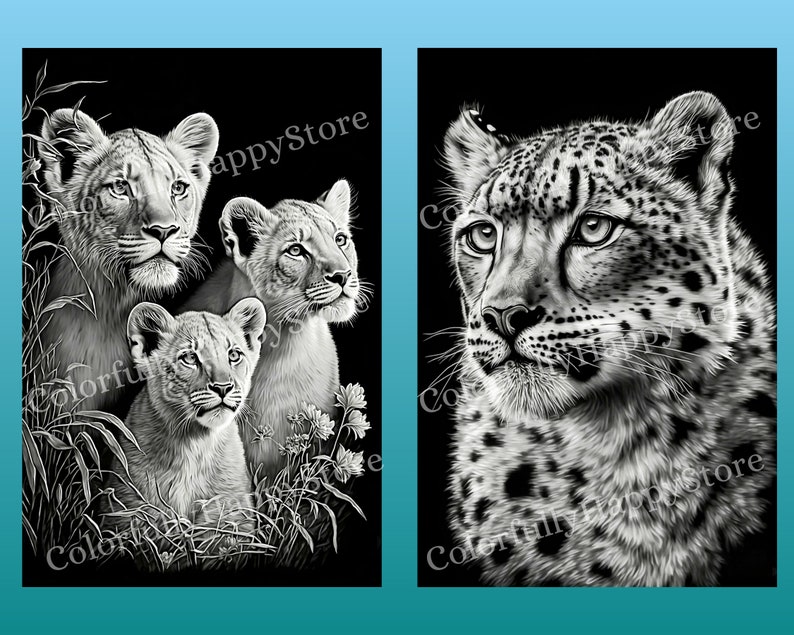 Bigcats, Grayscale Coloring Pages Black Background, Adult Coloring Book ...