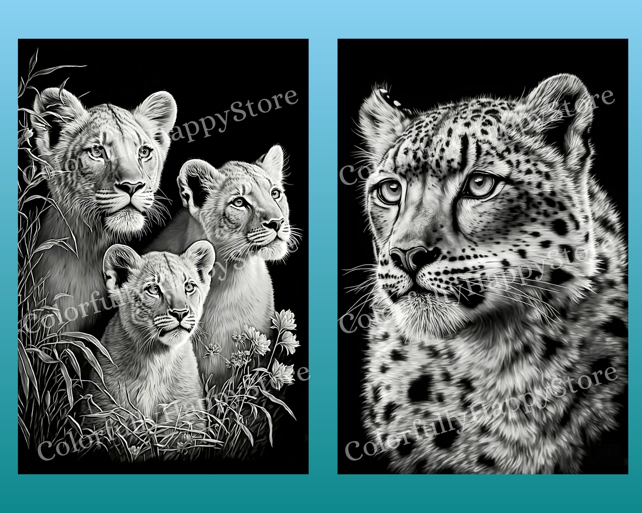 Bigcats Grayscale Coloring Pages Black Background Adult - Etsy