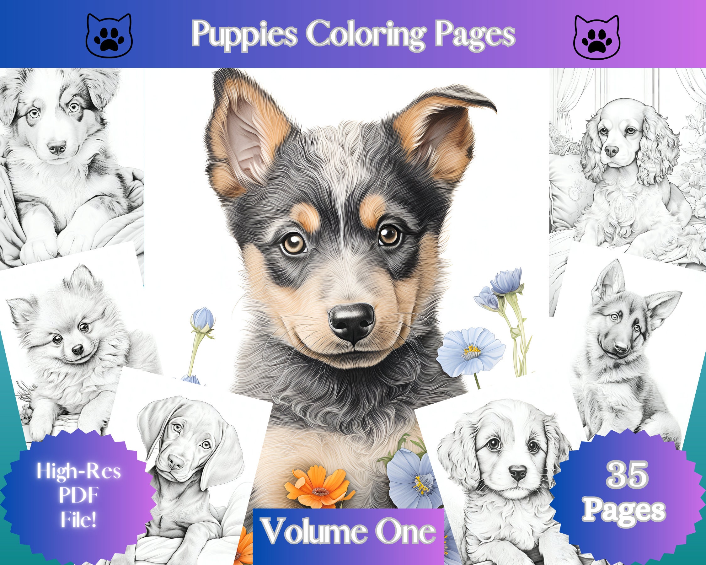 Puppies Coloring Pages: Realistic Dogs, Grayscale Art (PDF Download) - Etsy