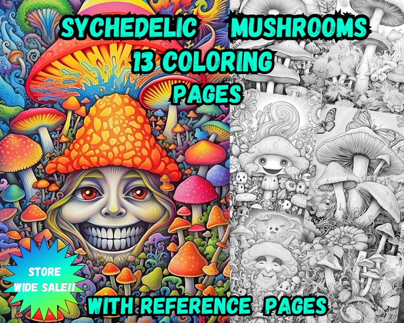 Mushrooms Coloring Pages, Sychedelic Hippie Coloring, Poster Style ...