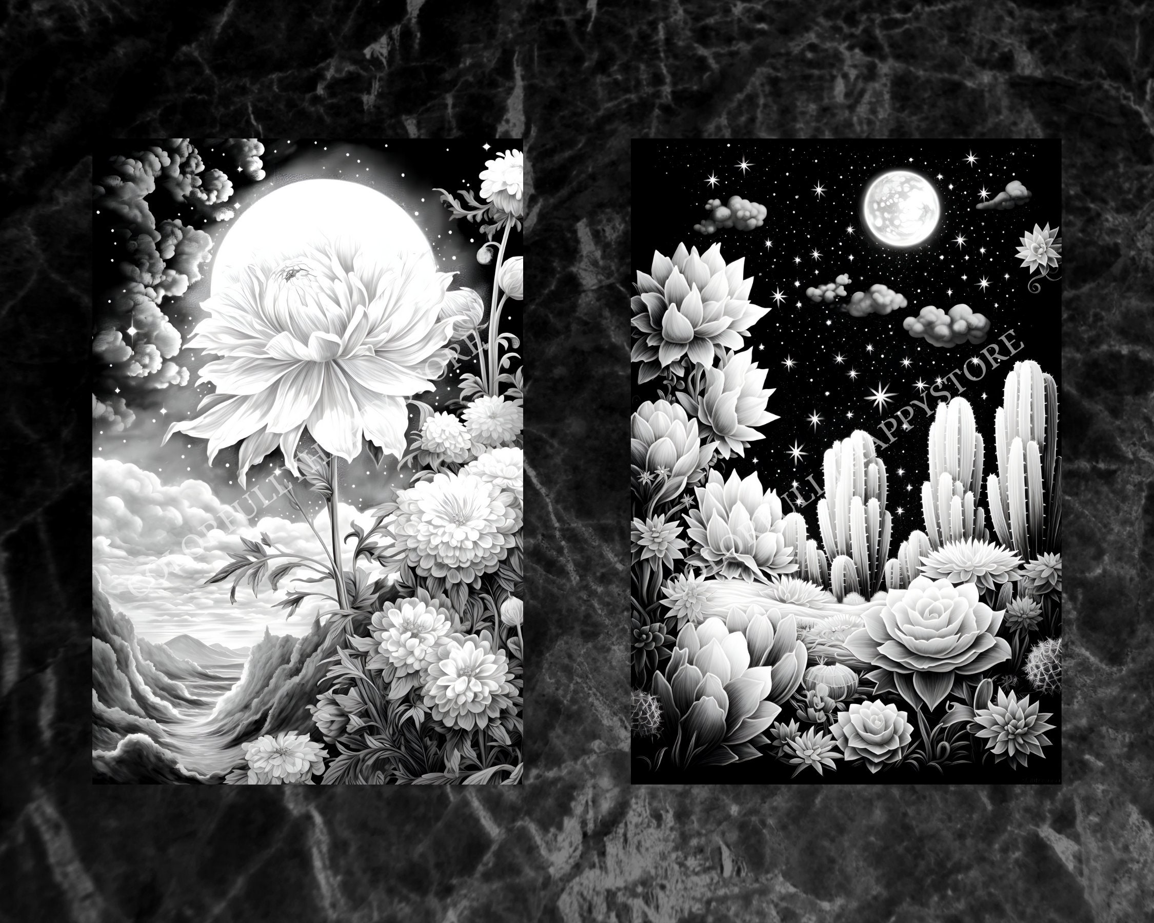 Flowers Coloring Pages Adult Grayscale Botanical Coloring Book Floral ...