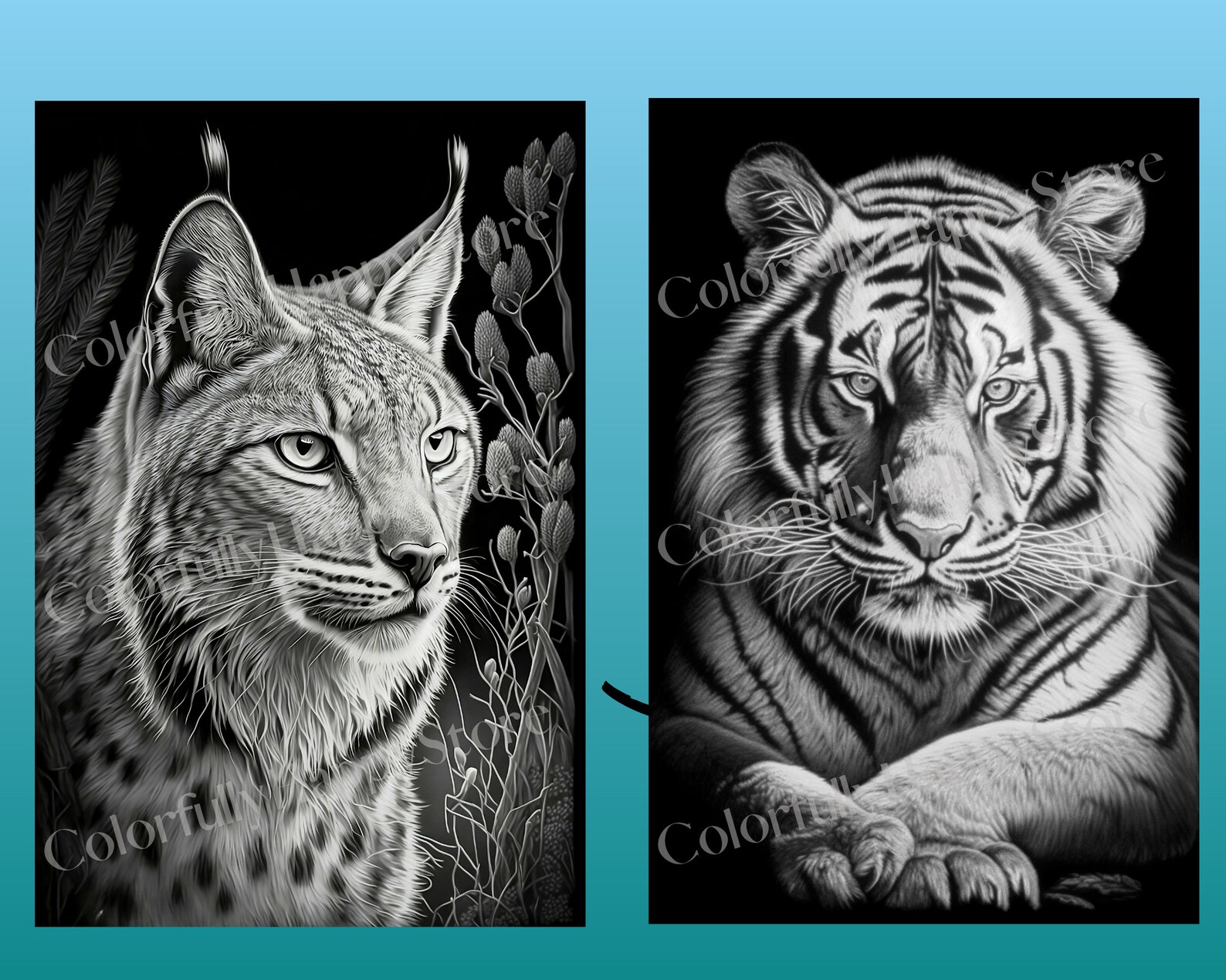 Bigcats Grayscale Coloring Pages Black Background Adult - Etsy