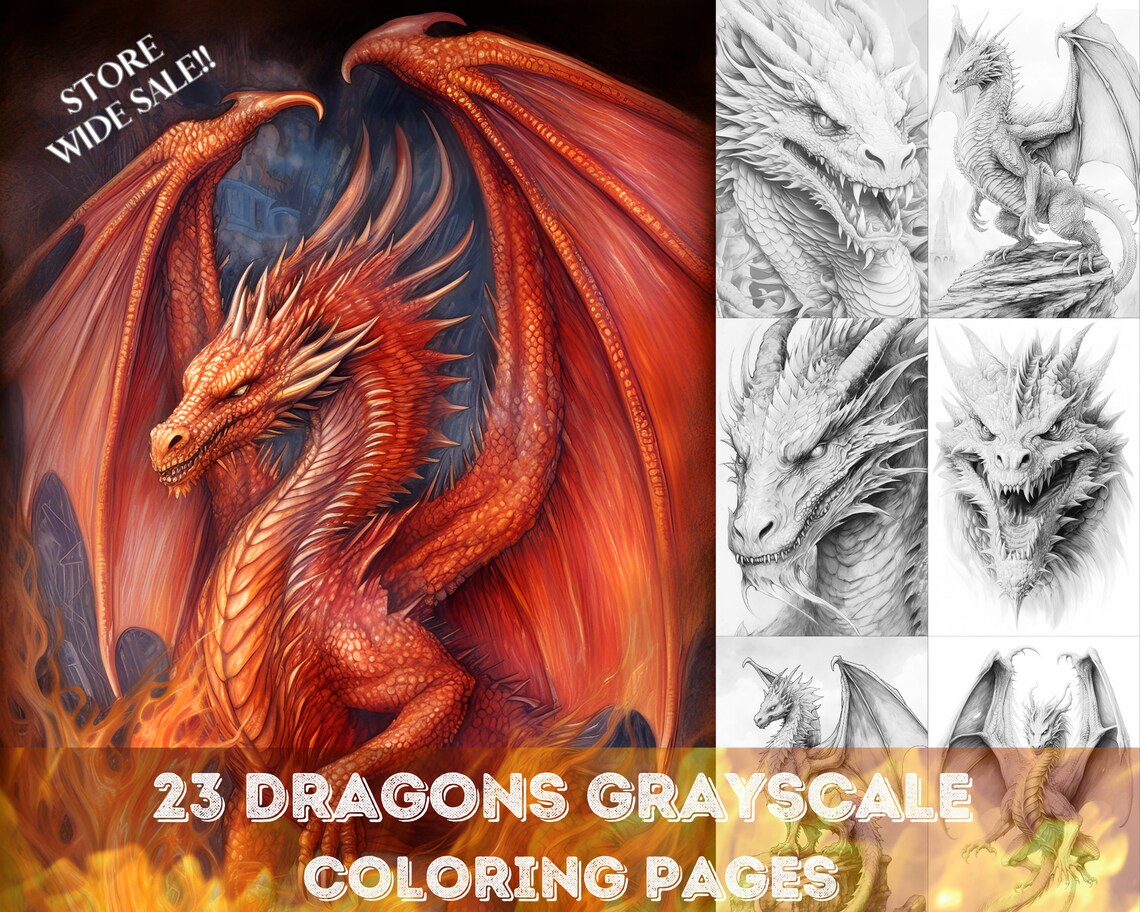 Dragons Grayscale Coloring Pages Adult Coloring Books Mens - Etsy