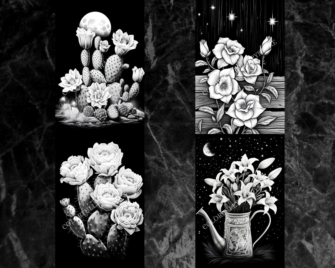 Flowers Coloring Pages Adult Grayscale Botanical Coloring Book Floral ...