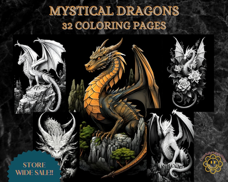 Mystical Dragons Coloring Pages Grayscale Black Background Fantasy ...