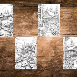 Adult Coloring Pages, Cozy,log Cabins Grayscale Coloring Book ...