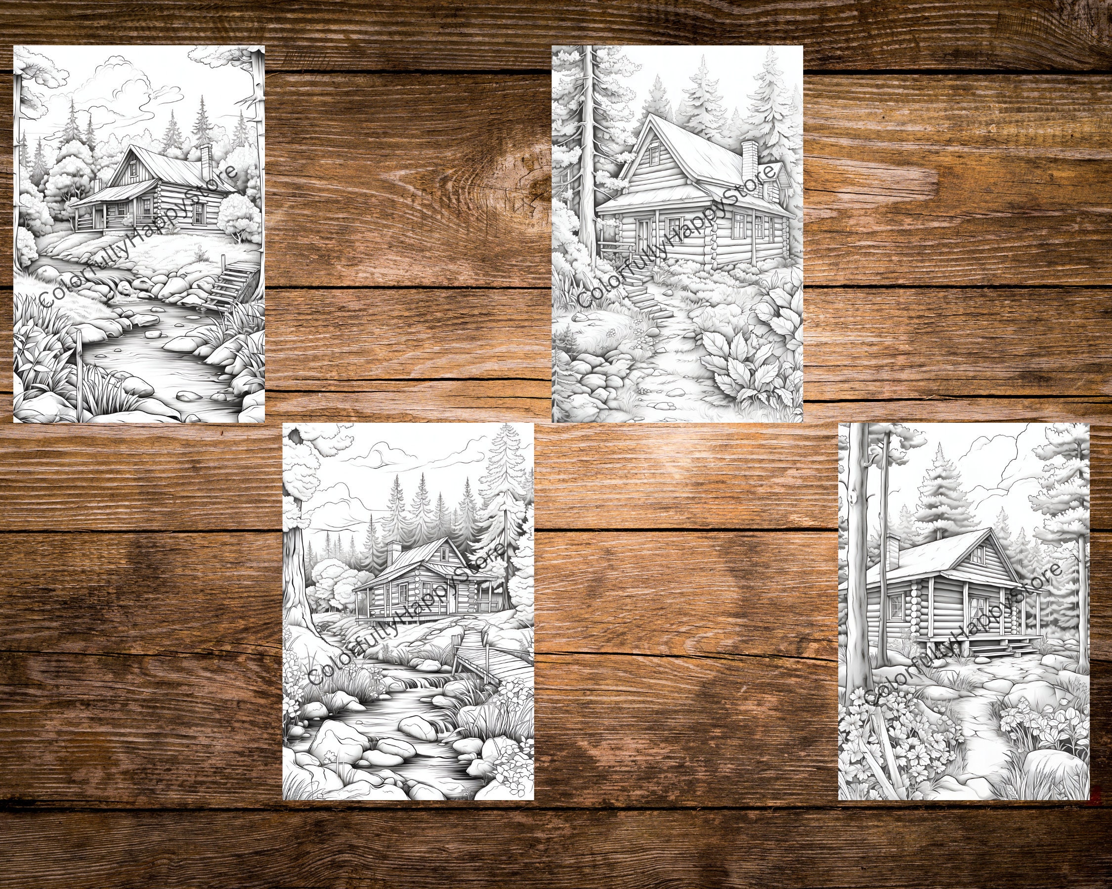 Adult Coloring Pages, Cozy,log Cabins Grayscale Coloring Book ...