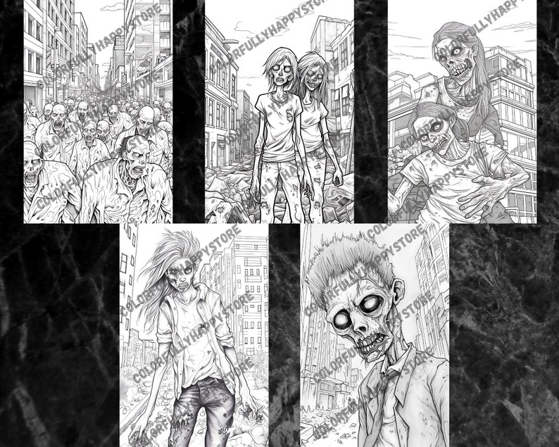 Zombie Apocalypse Coloring Book: 40 Grayscale Horror Pages (PDF ...