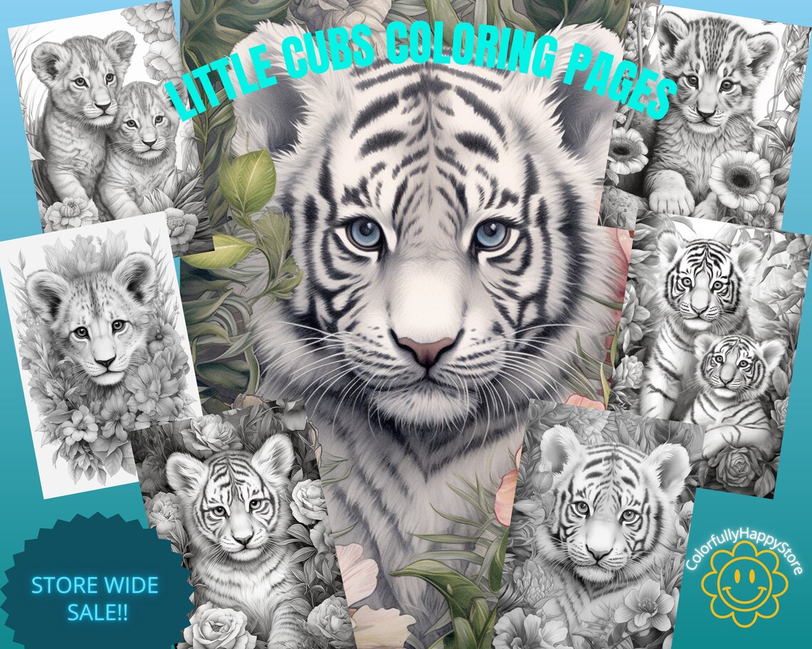 Coloring Lion Tiger Cubs Coloring Pages Adult Coloring Book - Etsy
